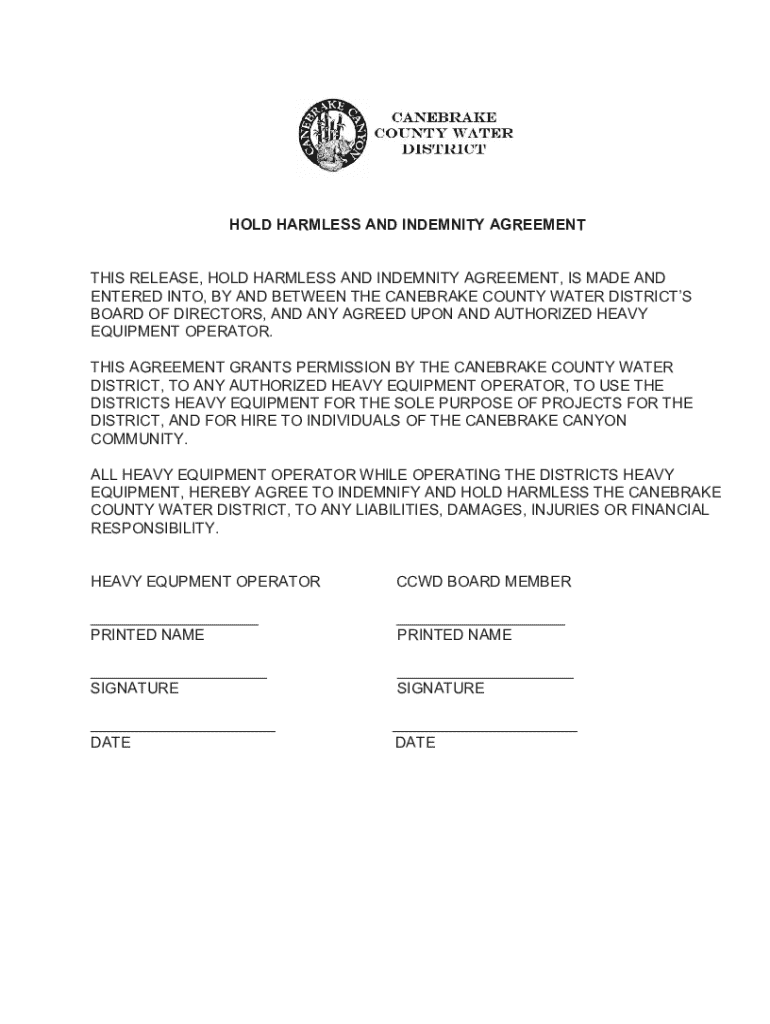Fillable Online Hold Harmless and Indemnity Agreement Fax Email Print - pdfFiller