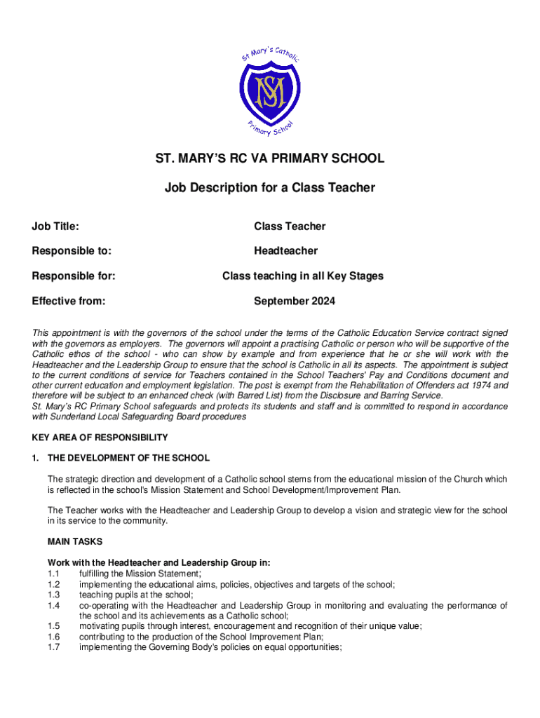 Fillable Online St Mary\'s Catholic Primary School Classroom Teacher Job ... Fax Email Print ...