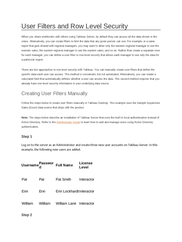 User Filters and Row Level Security Doc Template | pdfFiller