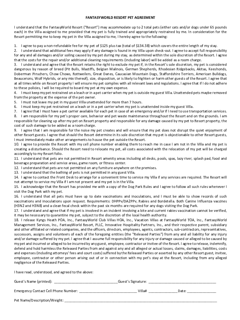 Fillable Online Pet Agreement for Fantasyworld Resort Fax Email Print ...