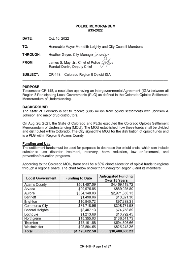 Fillable Online Colorado Region 8 Opioid Intergovernmental Agreement ...