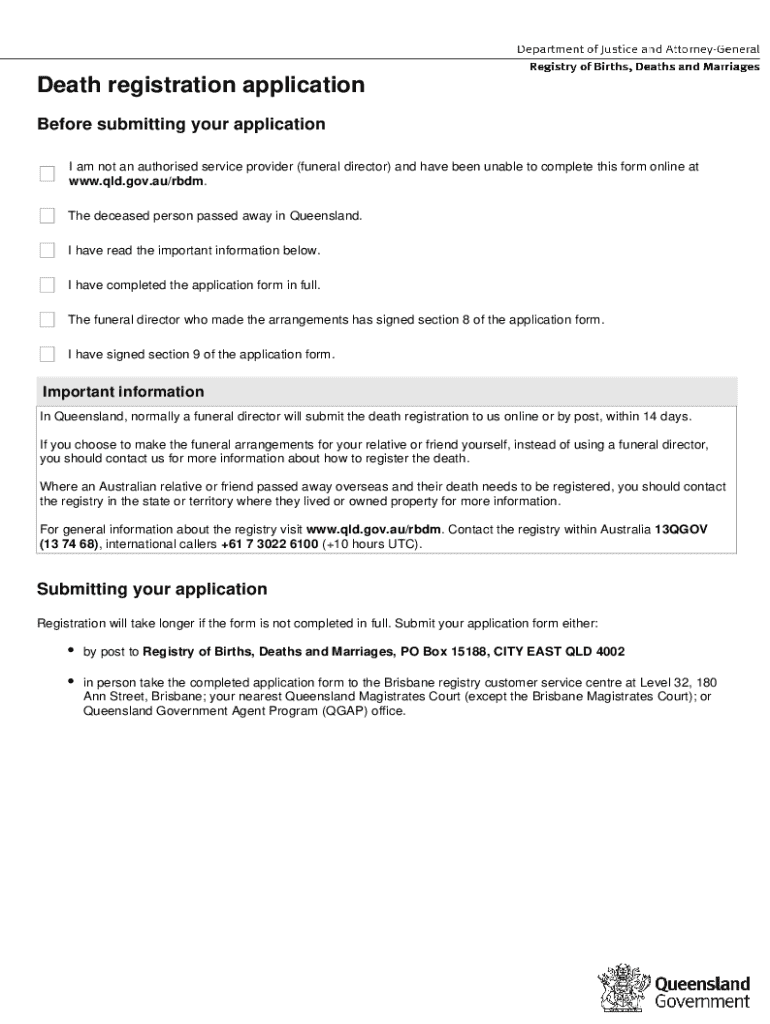 Fillable Online Application for Death Registration in Queensland Fax ...