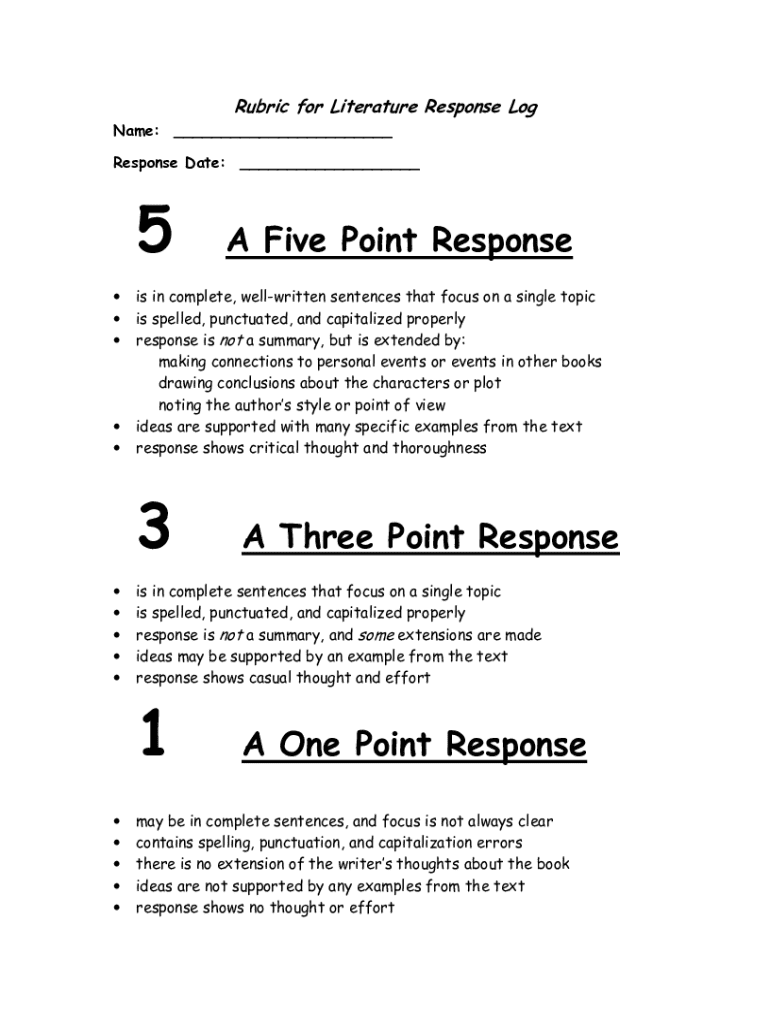 Fillable Online Rubric for Literature Response Log.doc Fax Email Print ...