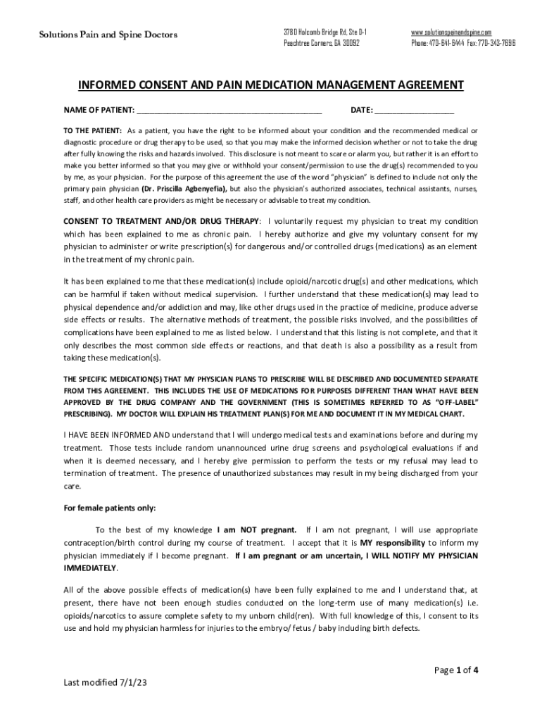 Fillable Online Informed Consent and Pain Medication Management Agreement Fax Email Print ...