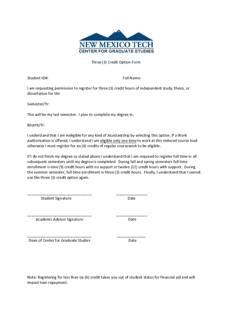 Fillable Online Request for Three Credit Hours Registration Fax Email Print - pdfFiller
