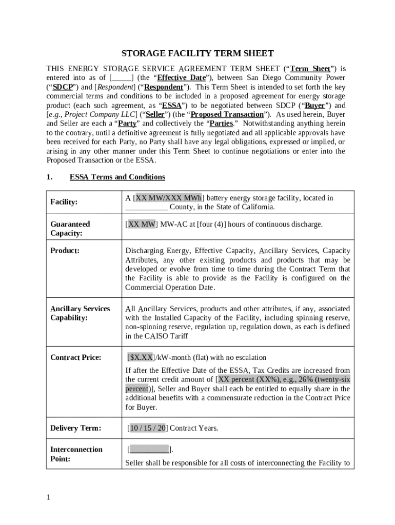 Storage Facility Term Sheet Doc Template | pdfFiller