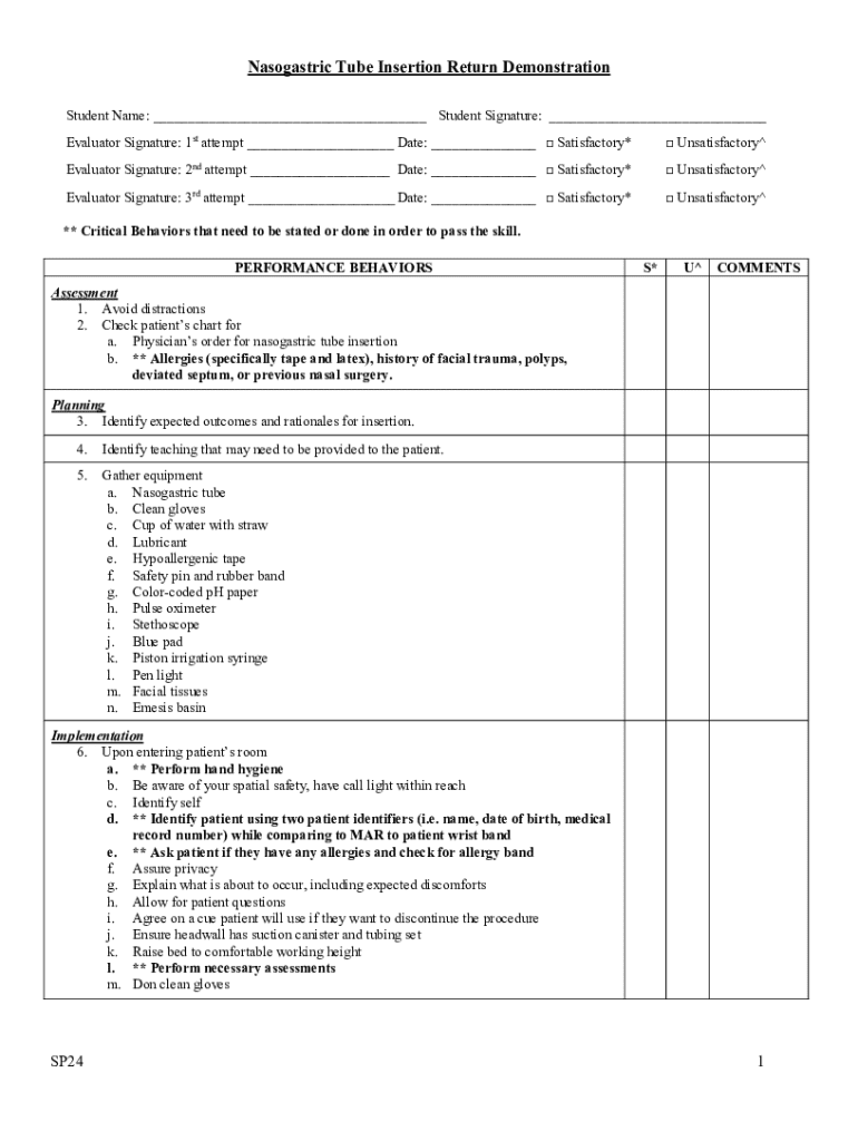 Fillable Online Nasogastric Tube Insertion Skills Assessment Fax Email ...