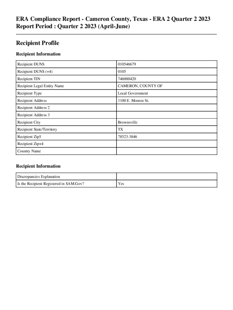 Fillable Online Era Compliance Report - Cameron County, Texas - Era 2 Quarter 2 2023 Fax Email ...