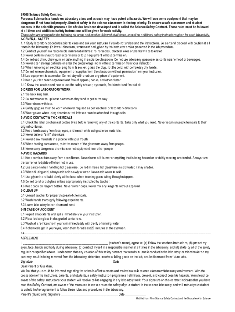 Fillable Online Science safety contract (Based on Flinn Scientific\'s ...