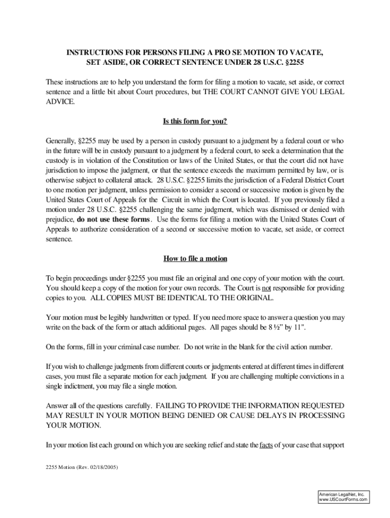 Fillable Online instructions for persons filing a pro se motion to vacate Fax Email Print ...