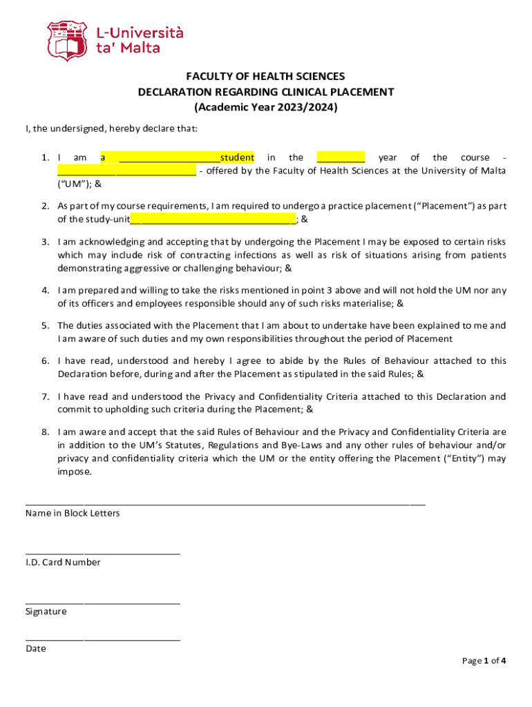 Fillable Online Declaration regarding clinical placement (Academic Year ...