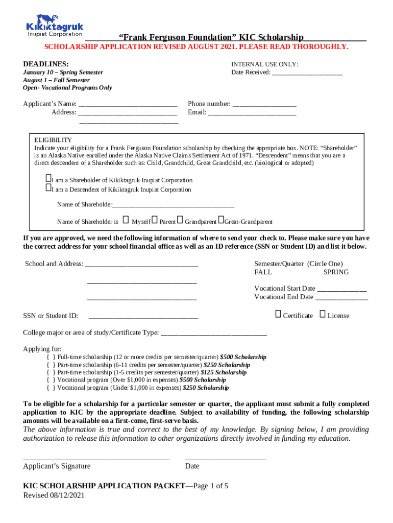 Frank Ferguson Foundation Kic Scholarship Application Doc Template | pdfFiller