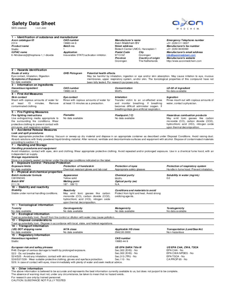 Fillable Online Safety Data Sheet for Stattic Fax Email Print - pdfFiller