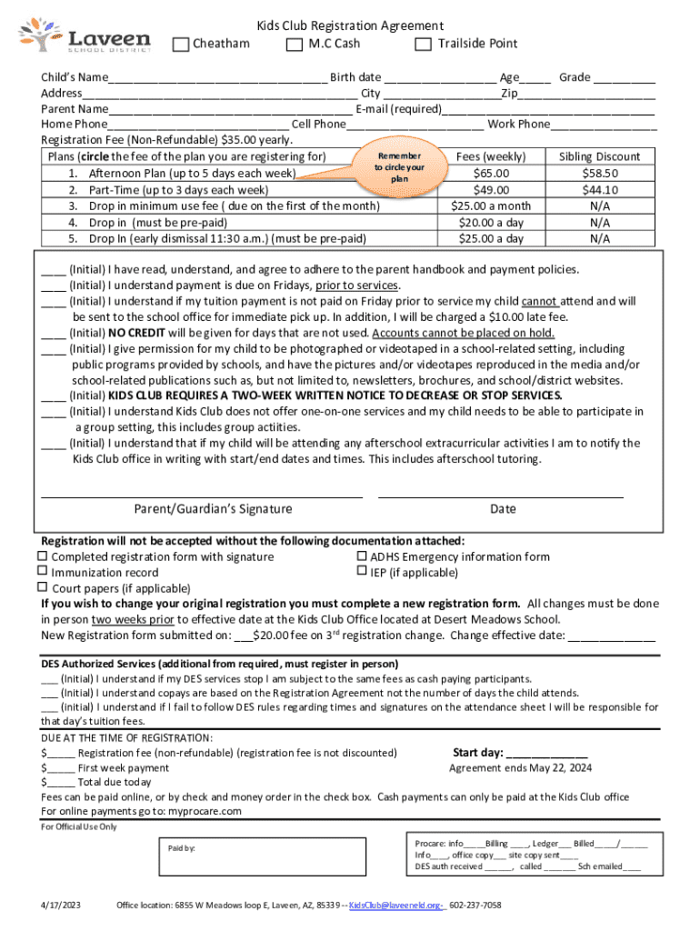 Fillable Online Kids Club Registration Agreement Fax Email Print ...