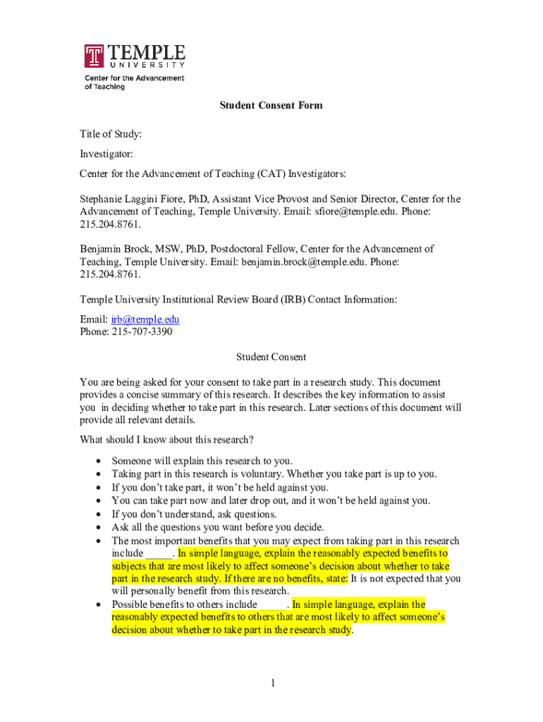 Fillable Online 1 Student Consent Form Title of Study: Investigator Fax ...