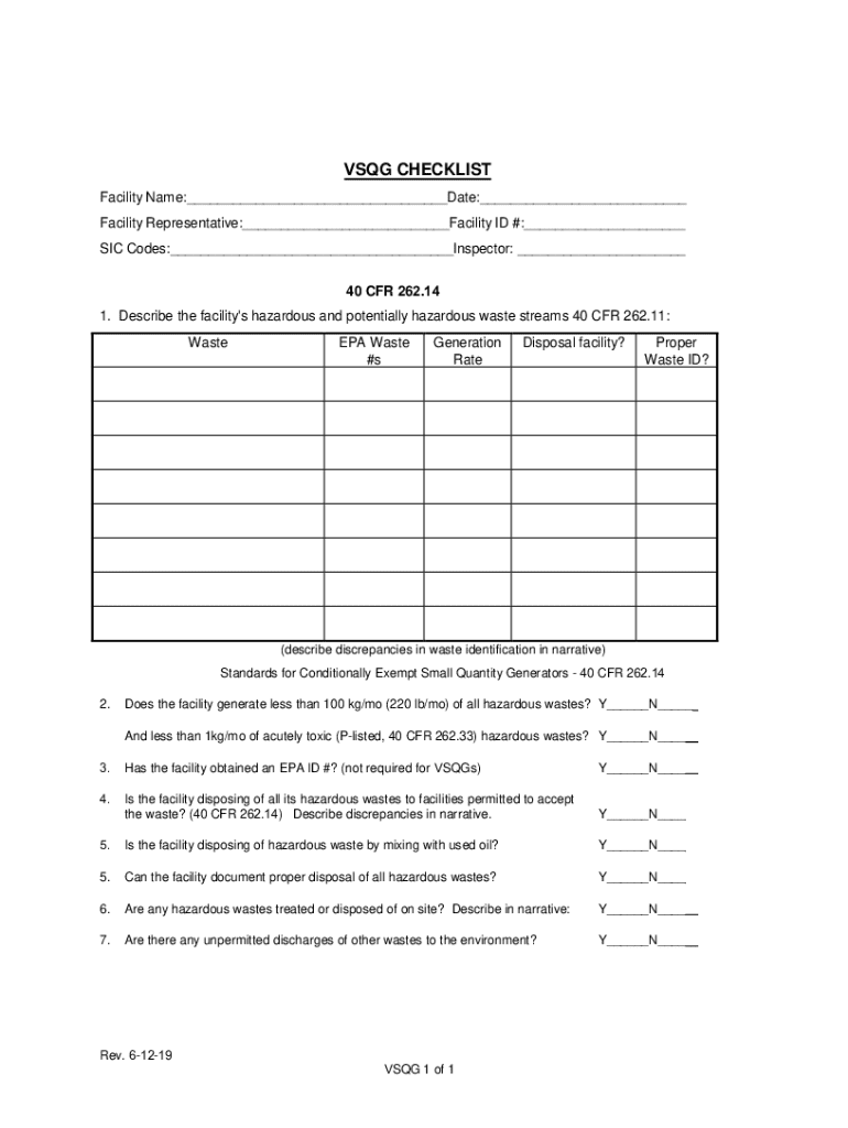 Fillable Online VSQG CHECKLIST - Hazardous Waste Regulation - Solid and ...
