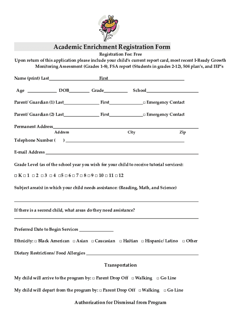 Fillable Online Academic Enrichment Registration Fax Email Print - pdfFiller