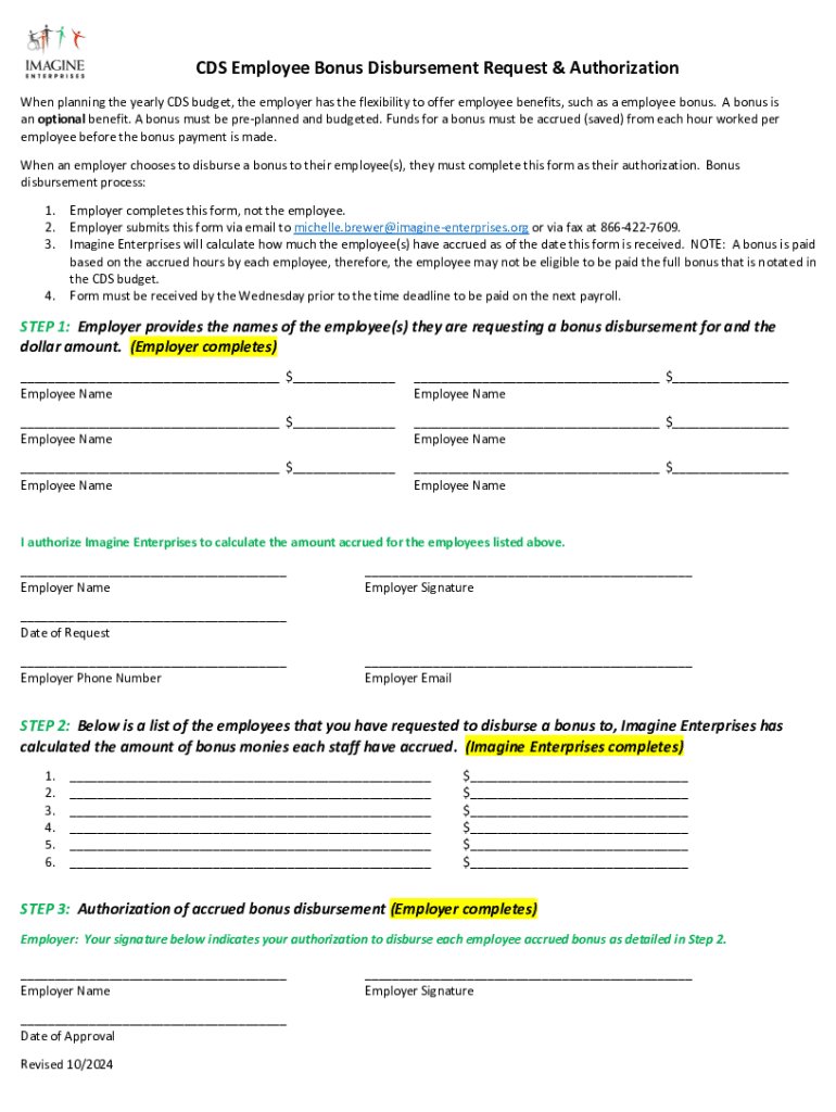 Fillable Online Cds Employee Bonus Disbursement Request & Authorization ...