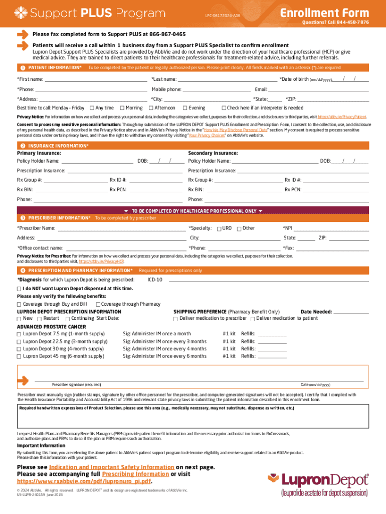 Fillable Online Lupron Depot Support Plus Enrollment Form Fax Email Print - pdfFiller