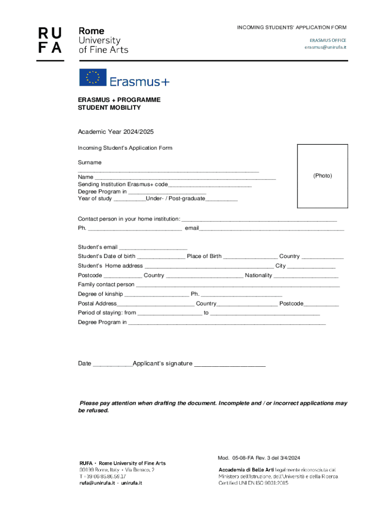 Fillable Online Erasmus+ Programme Student Mobility Application Fax ...