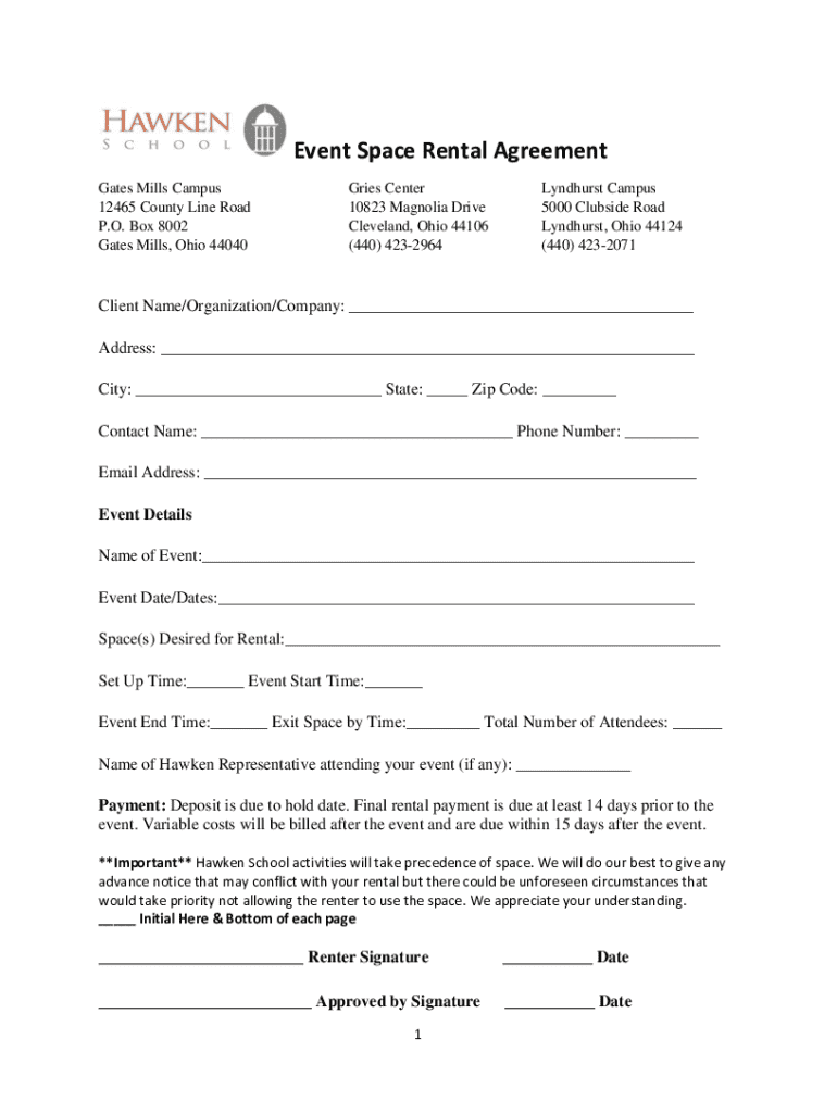 Fillable Online Event Space Rental Agreement for Hawken School Fax ...