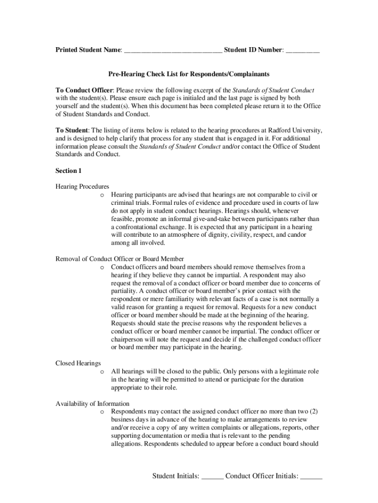 Fillable Online Pre-hearing Checklist for Student Conduct Hearings Fax ...
