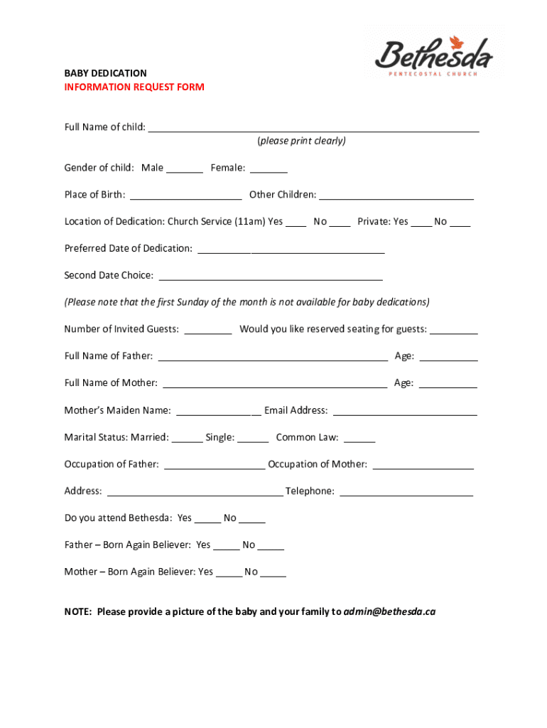Fillable Online Baby Dedication Information Request Fax Email Print ...