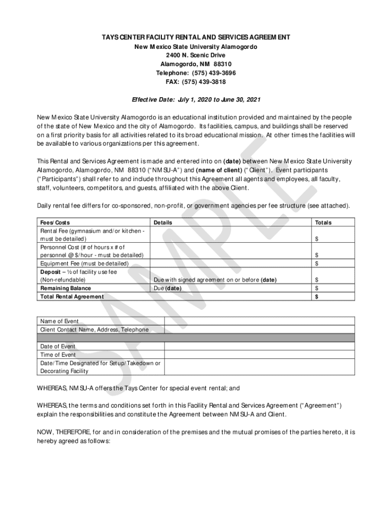 Fillable Online NMSU Alamogordo Tays Facilities Sample Rental Agreement Fax Email Print - pdfFiller