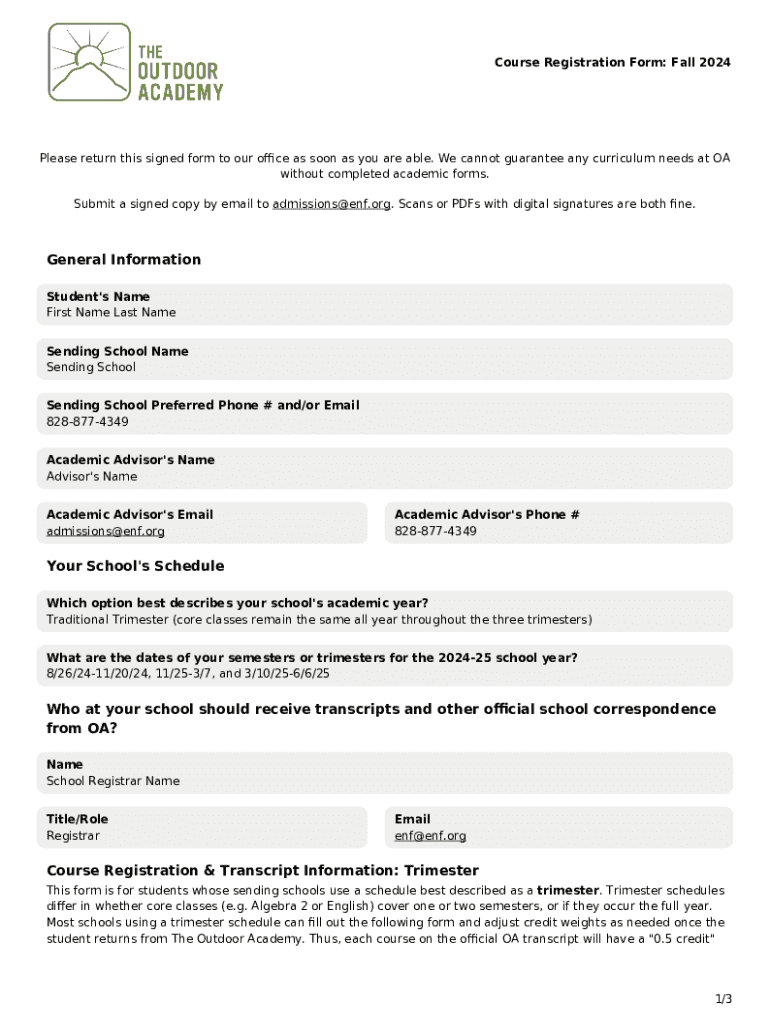 Fillable Online Course Registration Form: Fall 2024 Fax Email Print ...