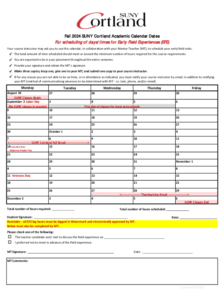 Fillable Online Suny Cortland Fall 2024 Academic Calendar Dates Fax ...