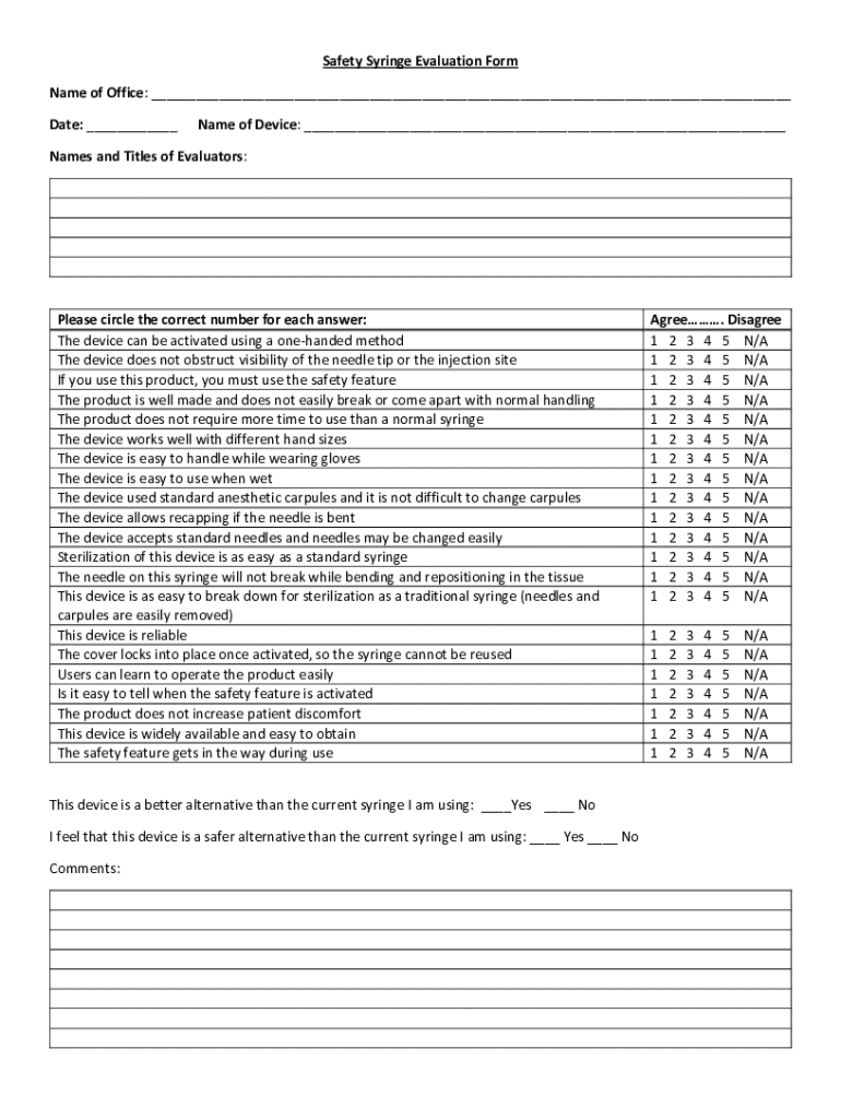 Fillable Online Safety Syringe Evaluation Form Name of Office - Laney ...