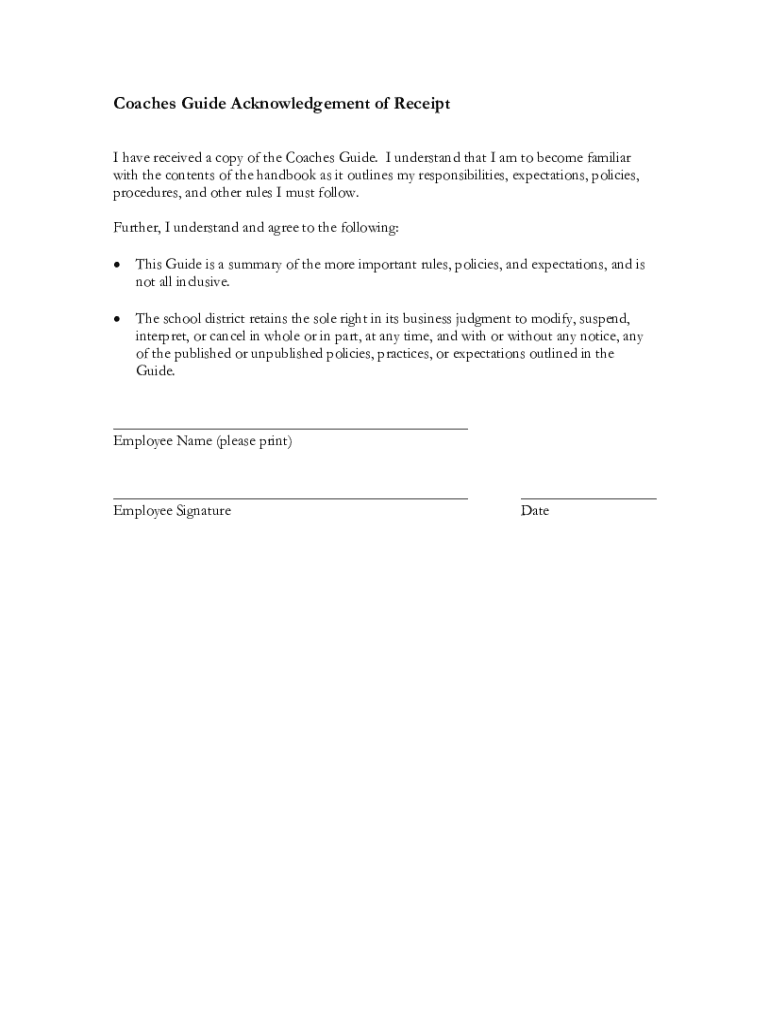 Fillable Online Acknowledgement of Receipt of Coaches Guide Fax Email ...