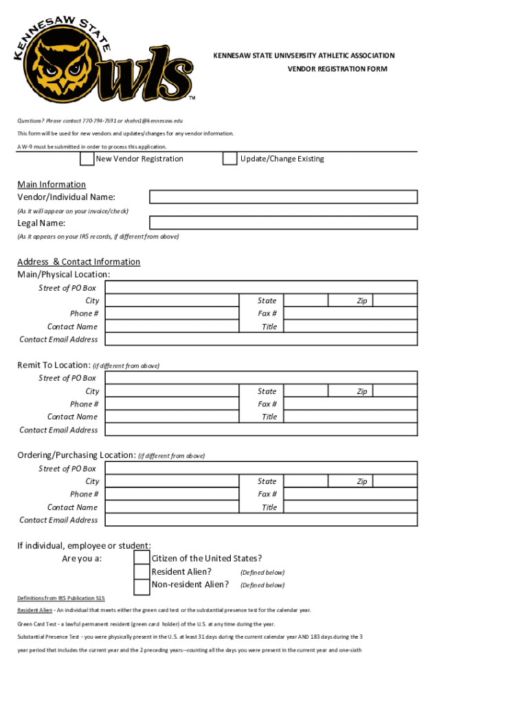 Fillable Online Kennesaw State University Athletic Association Vendor ...