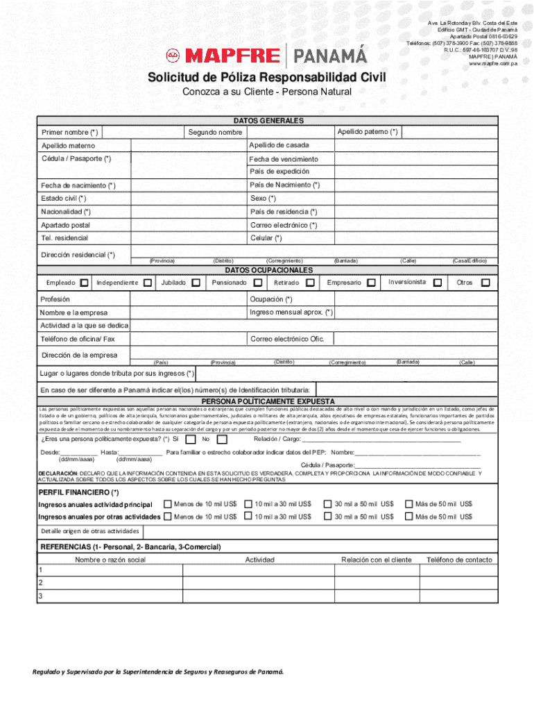 Rellenable en línea Solicitud de Pliza de Responsabilidad Civil Conozca a su ... Fax Email ...