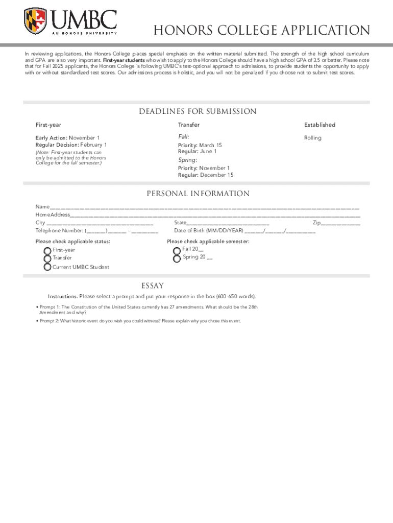 Fillable Online Umbc Honors College Application Fax Email Print - pdfFiller