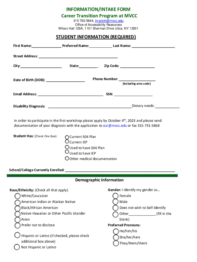 Fillable Online Career Transition Program at Mvcc Information Intake ...