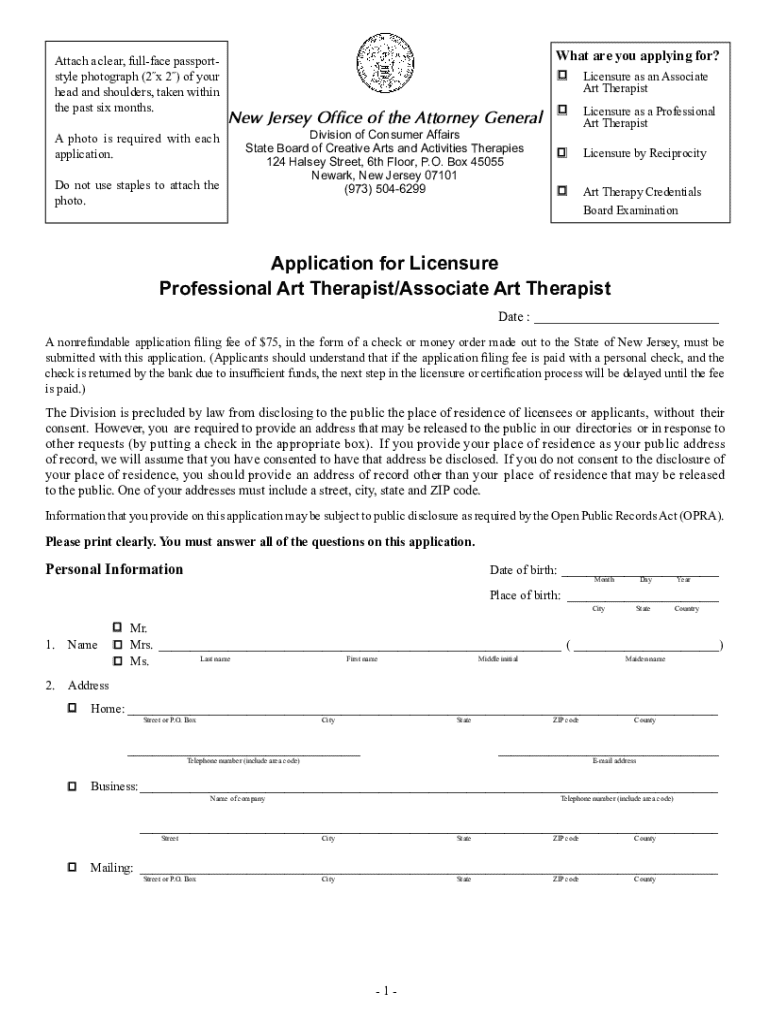 Fillable Online Application for Licensure as an Associate and Professional Art Therapist Fax ...