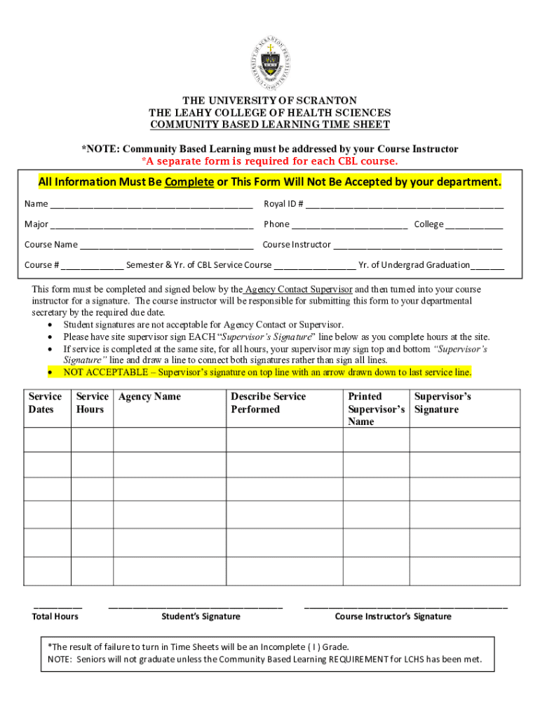 Fillable Online Community Based Learning Time Sheet - Leahy College of ...