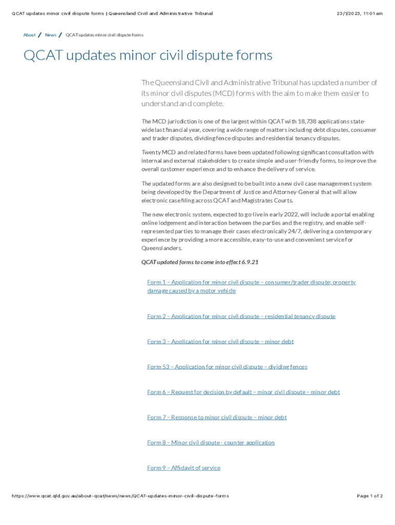 Fillable Online QCAT updates minor civil dispute formsQueensland Civil ...