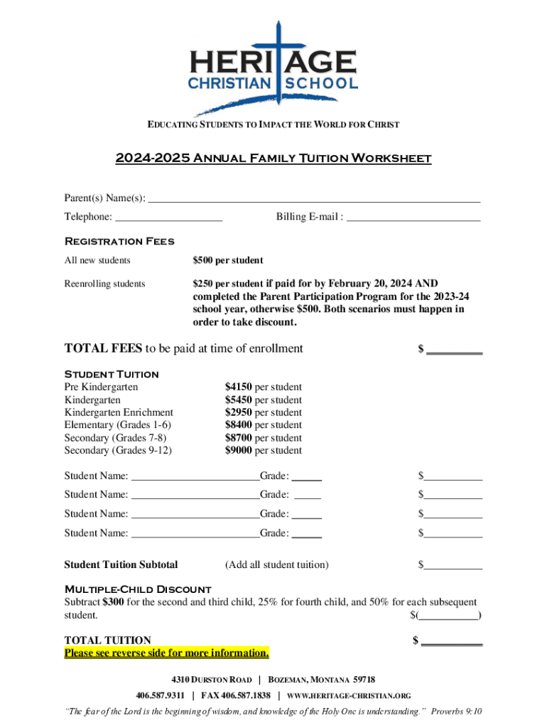 Fillable Online Heritage Christian School Tuition Worksheet Fax Email ...