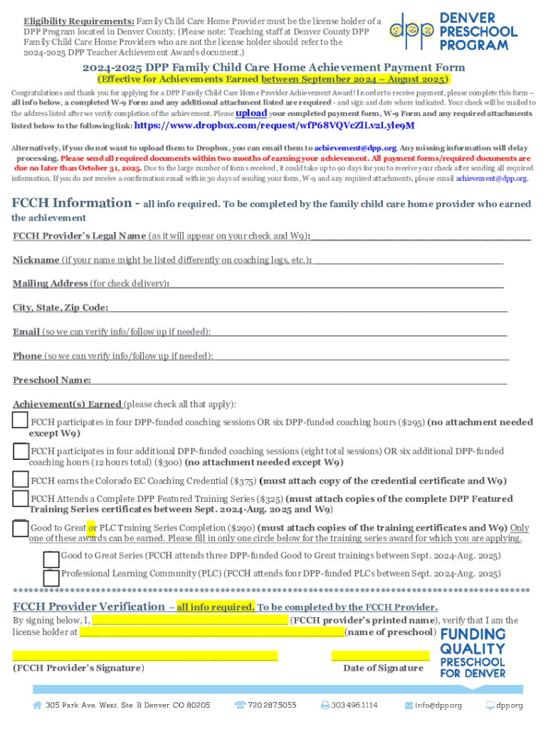 Fillable Online Dpp Program Achievement Awards – Family Child Care Home ...