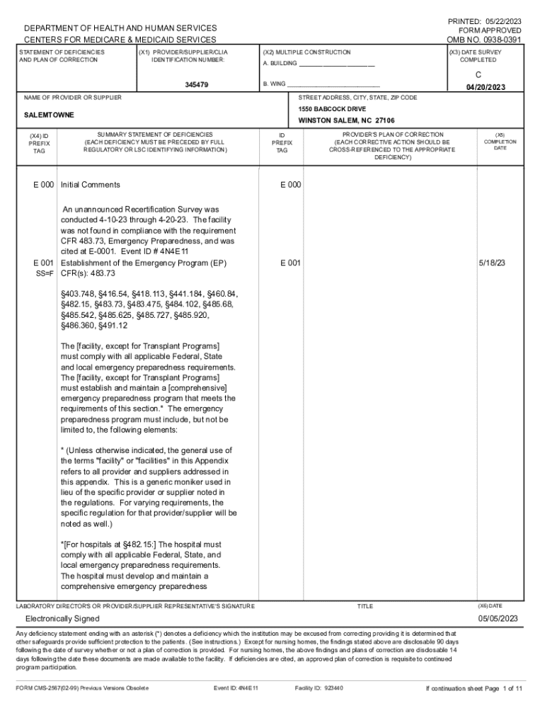 Fillable Online Statement of Deficiencies and Plan of Correction Fax ...