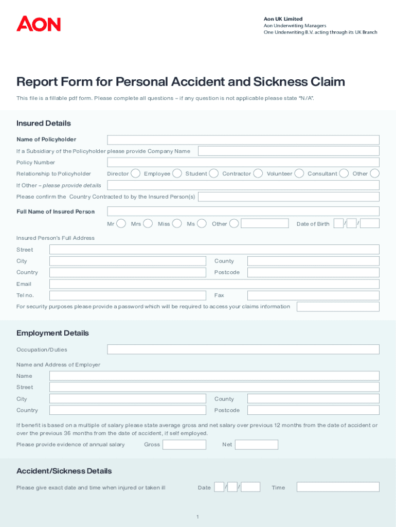 Fillable Online Aon Uk Limited Personal Accident and Sickness Claim ...