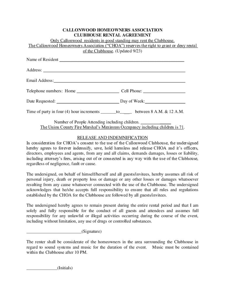Fillable Online Callonwood Homeowners Association Clubhouse Rental ...