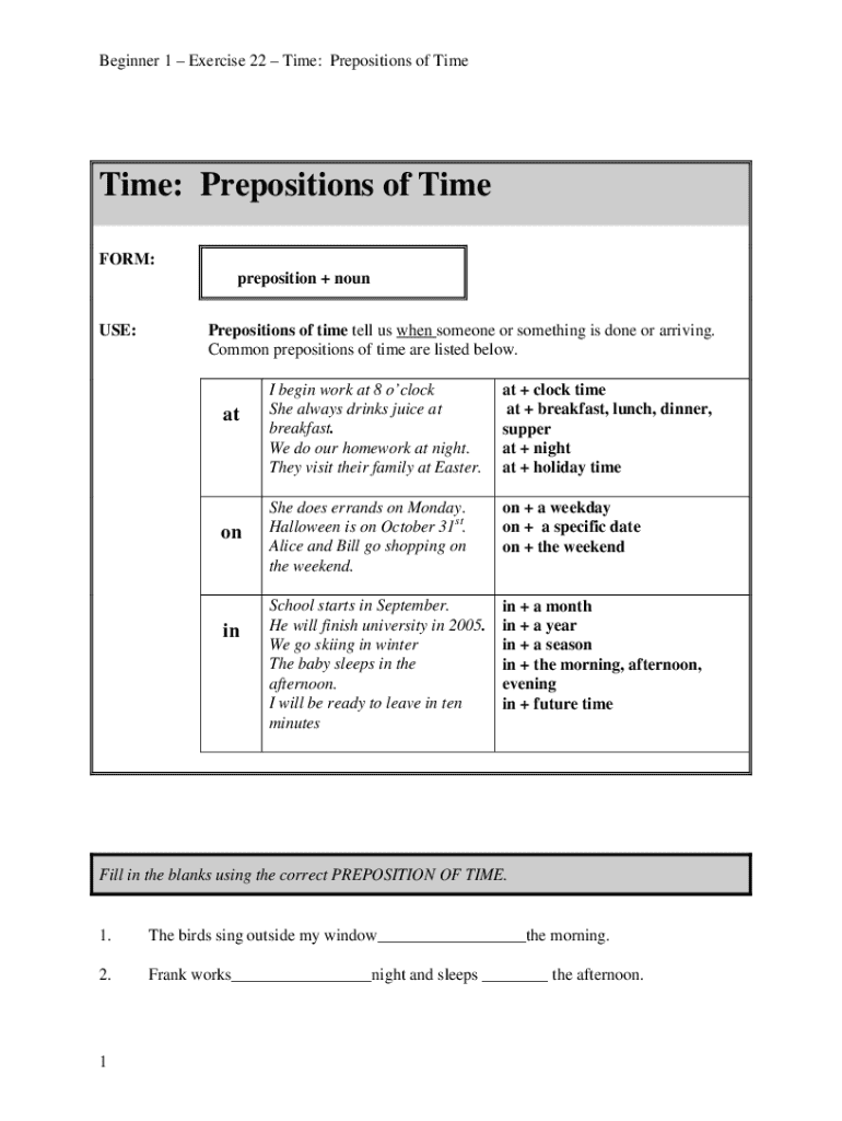 Fillable Online Prepositions of Time: In, On, At, By & Rules Fax Email ...