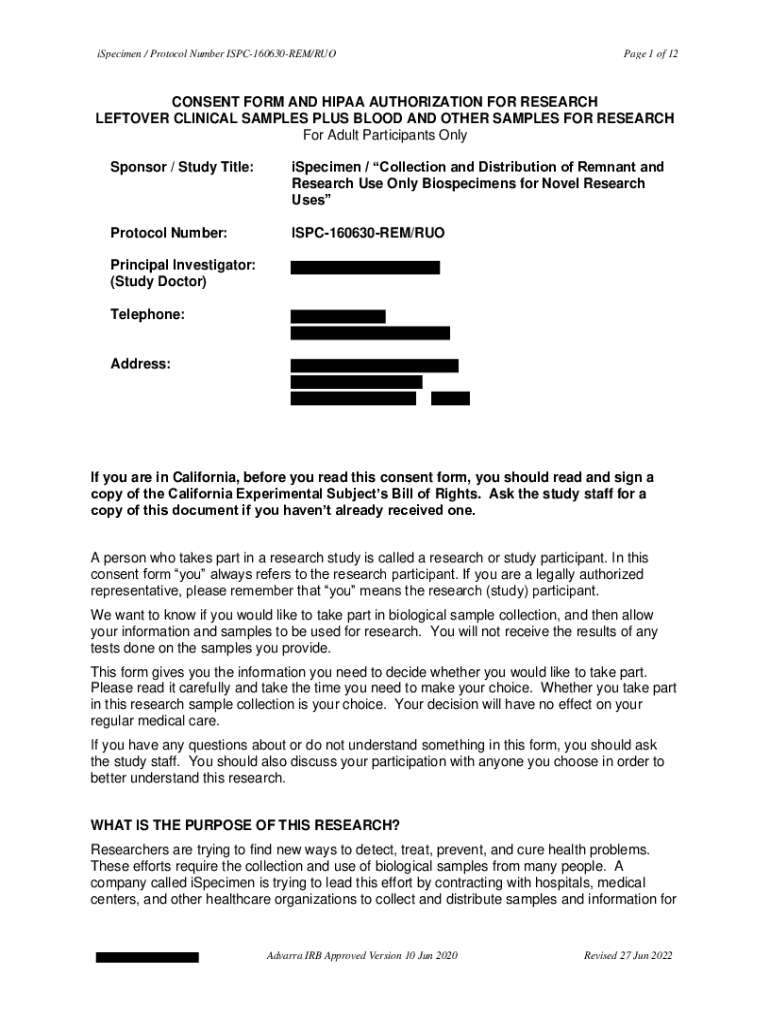 Fillable Online Ispecimen Research Sample Collection Consent Fax Email Print - pdfFiller