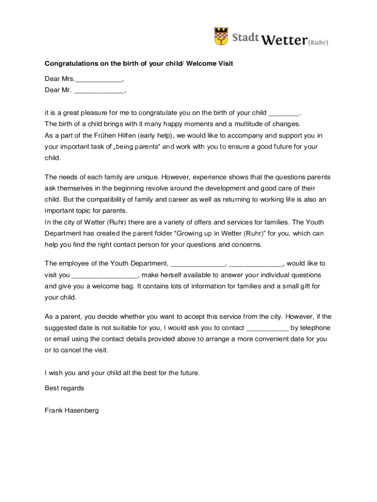 Fillable Online Congratulations on the birth of your child/ Welcome ...