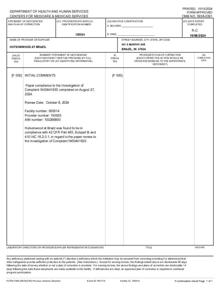 Fillable Online Statement of Deficiencies and Plan of Correction Fax ...