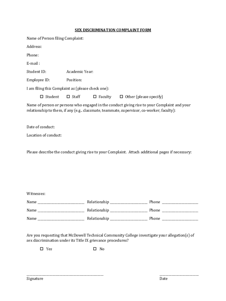 Fillable Online SEX DISCRIMINATION COMPLAINT FORM Fax Email Print ...
