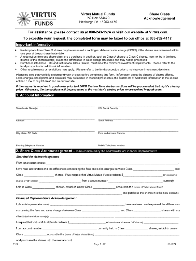 Fillable Online Virtus Mutual Funds Share Class Acknowledgement Form ...